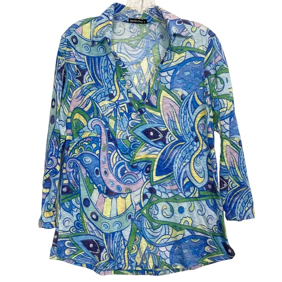 David Cline | Tops | David Cline Blue And Green Patterned Blouse | Poshmark